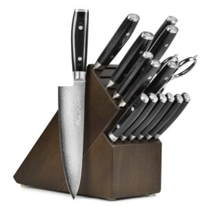 yaxell ran plus 16 piece knife set - made in japan - 69 layers vg10 damascus, dark ash block