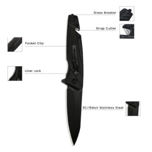 Carimee Pocket Knife, Multi-functional folding knife with Glass Breaker, Rope Cutter, Black Color Multitool Outdoor Gifts for men and women.