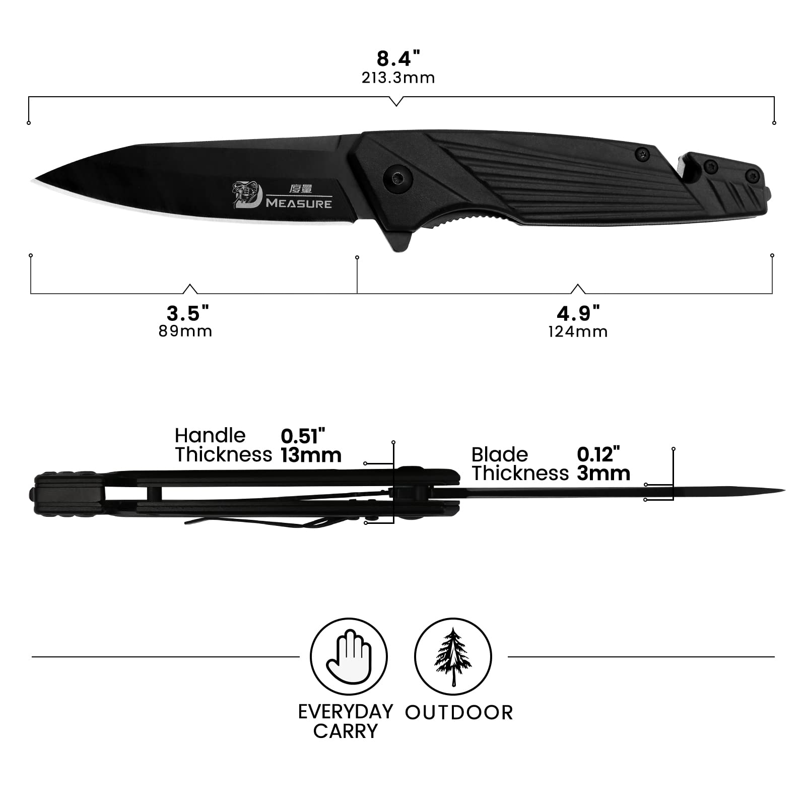 Carimee Pocket Knife, Multi-functional folding knife with Glass Breaker, Rope Cutter, Black Color Multitool Outdoor Gifts for men and women.