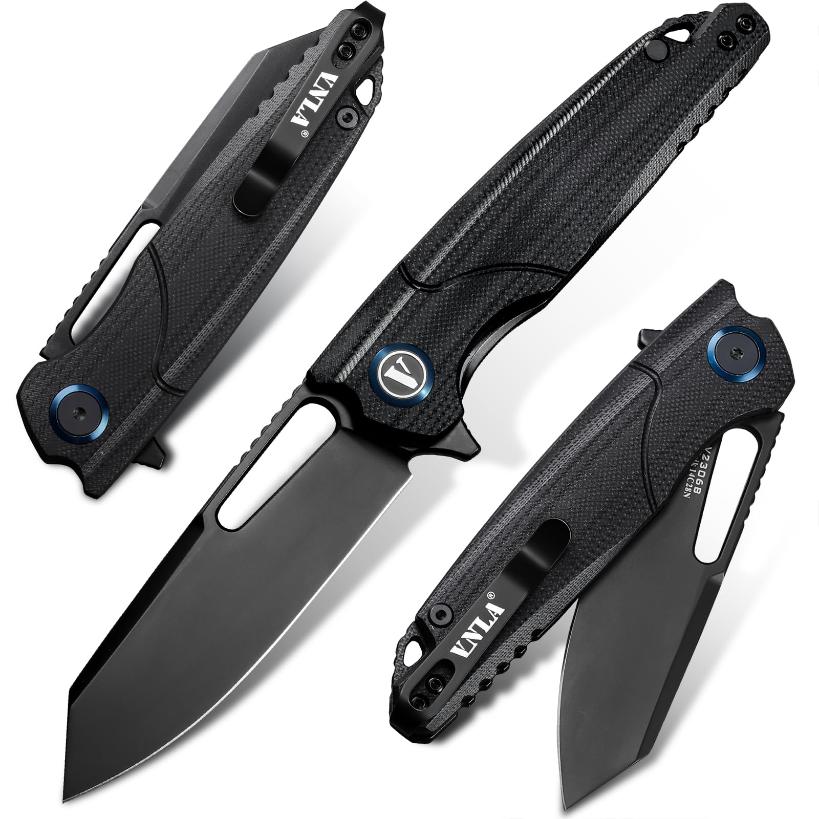 VNLA Folding pocket Knife,Black Sandvik 14C28N Blade, Black G10 Handle,Lightweight for Indoor Outdoor Gift EDC