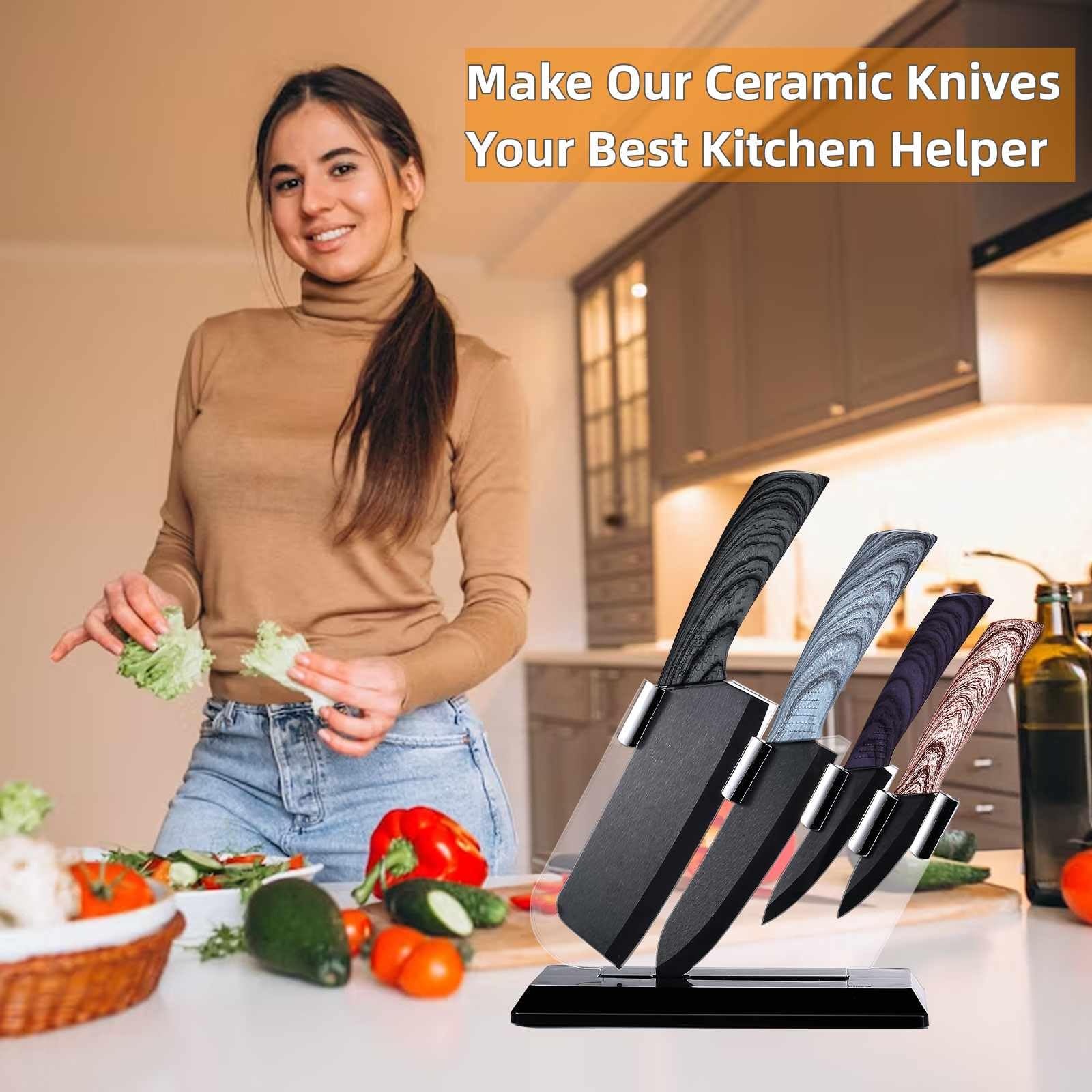 Ceramic Knife Sets for Kitchen 4 Piece with Holder,Ceramic Chef's Paring Knives with Steath,Vegetable Cutting Knife Lettuce Knife Suitable for Fruits,Vegetables and Meat