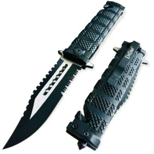 bladedealusa 8.5” black military knife assisted open folding pocket knife. hunting, camping accessories