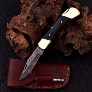 RYOBA bRyoba Damascus Steel Folding Pocket Knife for men-EDC 7" Overall-Handmade Best Gift For Dad, Husband, Groomsmen(Black folding knife)