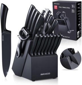 raxco knife block set-kitchen knife set,knife sets for kitchen with block & sharpener,black