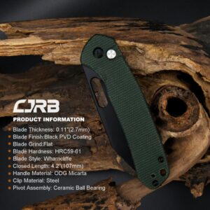 CJRB Pyrite-Alt (J1925A) Folding Pocket Knife with 3.11'' Black PVD AR-RPM9 Wharncliffe Blade Dark Green Micarta Handle,Button Lock EDC Knife with Thumb Hole for Tactical,Outdoor,Hiking and Gift