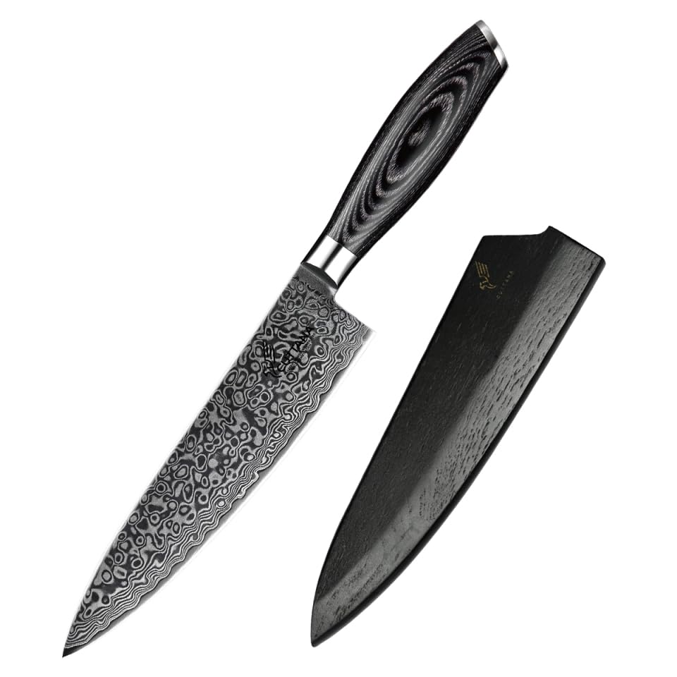 Cuttana Chef's Knife - 8-Inch - Vanguard Series - 67-Layer Damascus VG10 Japanese Steel - Including Wooden Sheath and Gift - Box Professional Kitchen Chef's Knife, Ergonomic Pakkawood Handle