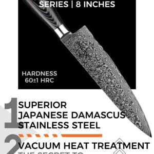 Cuttana Chef's Knife - 8-Inch - Vanguard Series - 67-Layer Damascus VG10 Japanese Steel - Including Wooden Sheath and Gift - Box Professional Kitchen Chef's Knife, Ergonomic Pakkawood Handle