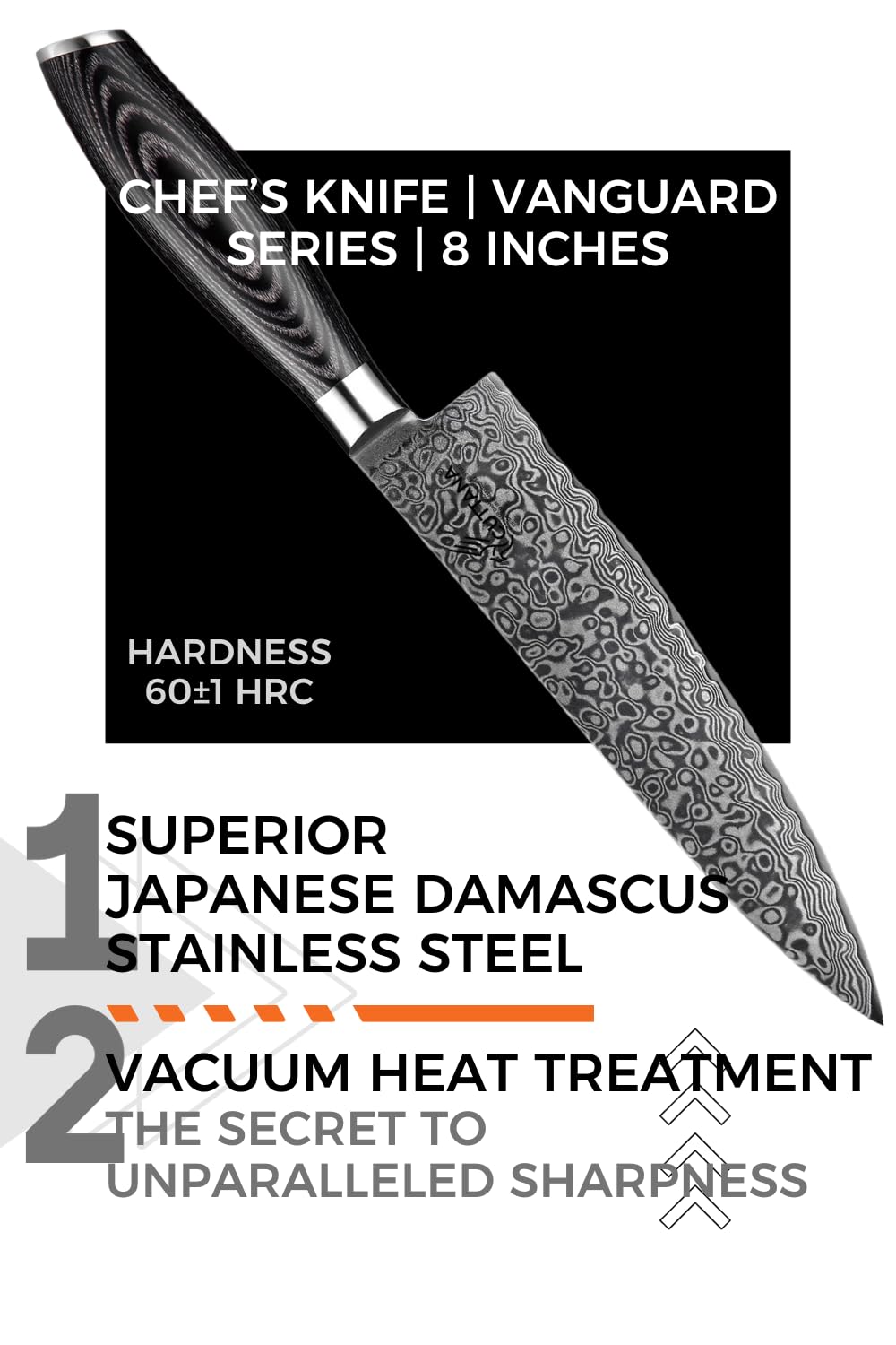 Cuttana Chef's Knife - 8-Inch - Vanguard Series - 67-Layer Damascus VG10 Japanese Steel - Including Wooden Sheath and Gift - Box Professional Kitchen Chef's Knife, Ergonomic Pakkawood Handle