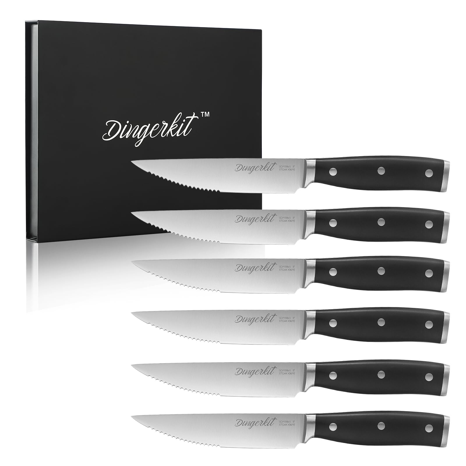 Dingerkit Steak Knives Set of 6, Black Steak Knives - Serrated High Carbon Stainless Steel Steak Knife Set for Dinner Knives Set with Gift Box, 5″ Inches