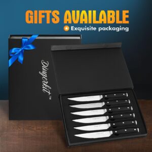 Dingerkit Steak Knives Set of 6, Black Steak Knives - Serrated High Carbon Stainless Steel Steak Knife Set for Dinner Knives Set with Gift Box, 5″ Inches