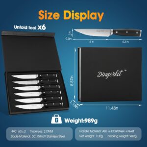 Dingerkit Steak Knives Set of 6, Black Steak Knives - Serrated High Carbon Stainless Steel Steak Knife Set for Dinner Knives Set with Gift Box, 5″ Inches