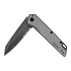 kershaw misdirect pocketknife; 2.9 in. 4cr13 serrated black-oxide blackwash finish blade, stainless steel stonewash finish handle equipped with assisted opening, flipper and frame lock