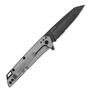 Kershaw Misdirect Pocketknife; 2.9 in. 4Cr13 Serrated Black-Oxide Blackwash Finish Blade, Stainless Steel Stonewash Finish Handle Equipped with Assisted Opening, Flipper and Frame Lock