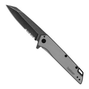 Kershaw Misdirect Pocketknife; 2.9 in. 4Cr13 Serrated Black-Oxide Blackwash Finish Blade, Stainless Steel Stonewash Finish Handle Equipped with Assisted Opening, Flipper and Frame Lock