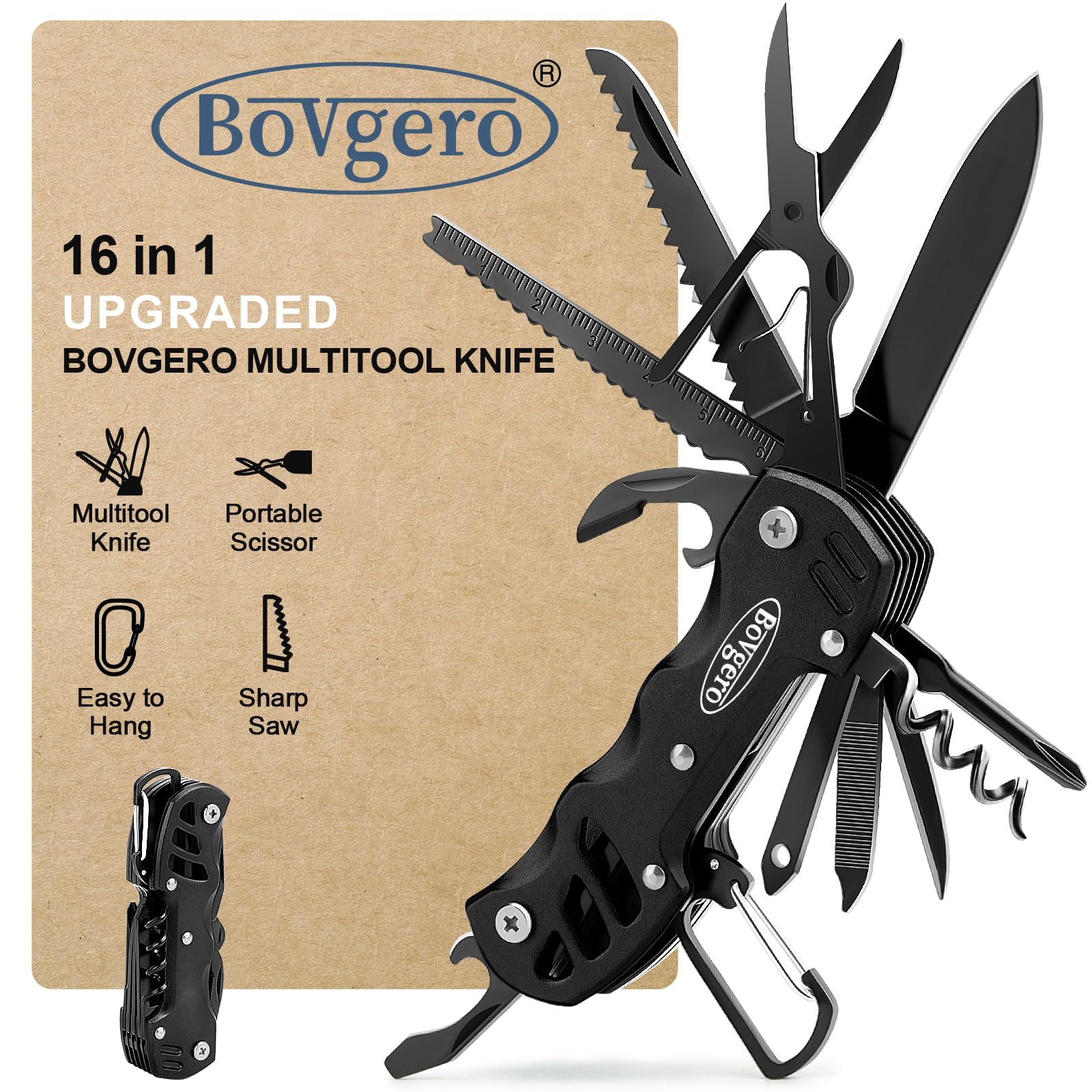 Bovgero Multitool Knife, 16 in 1 Pocket Knife, Handmade Multi Tool Knife, Gift for Men boyfriend dad him husband, Black