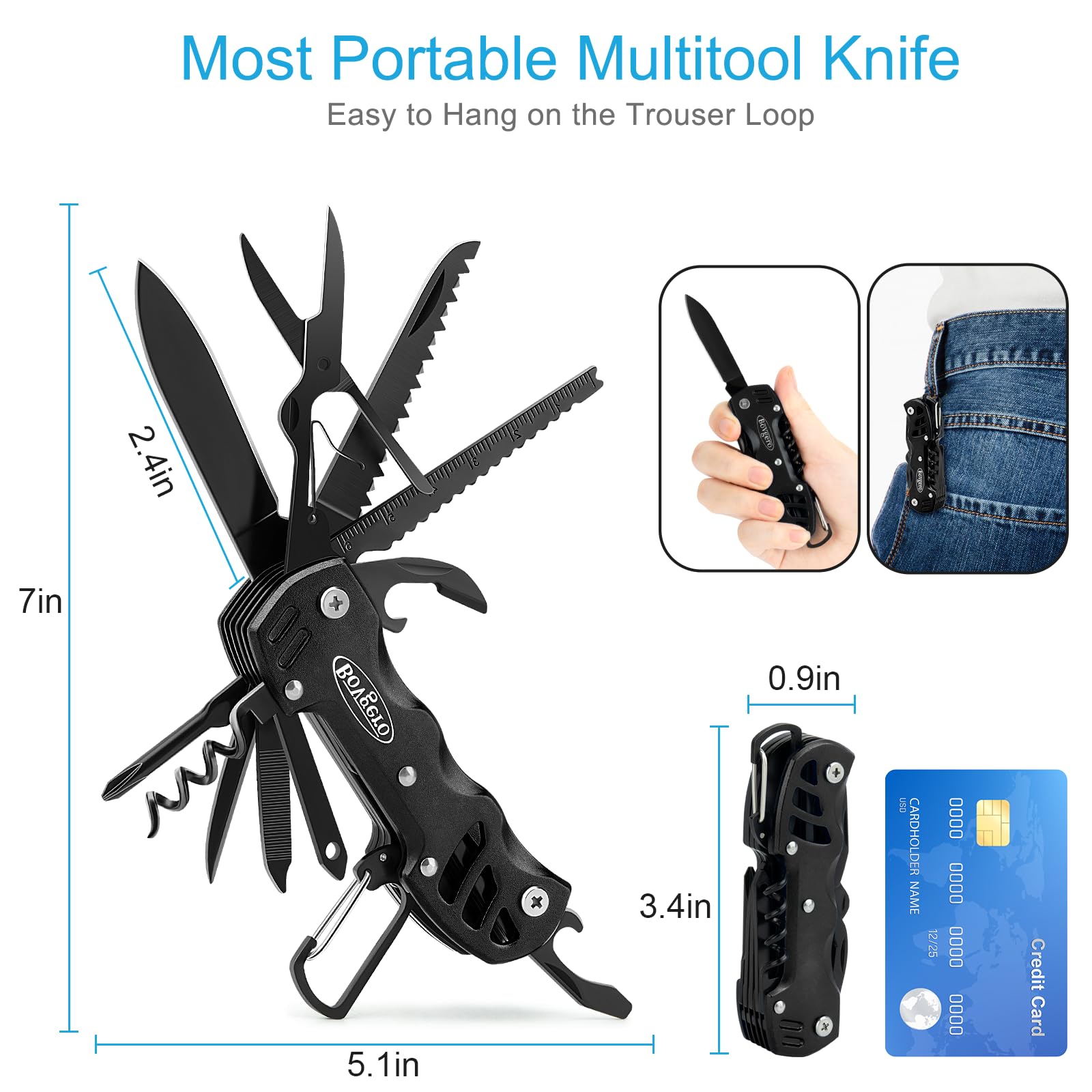 Bovgero Multitool Knife, 16 in 1 Pocket Knife, Handmade Multi Tool Knife, Gift for Men boyfriend dad him husband, Black