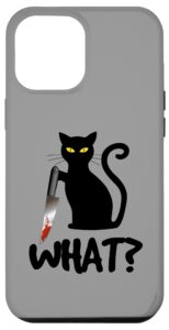 iphone 12 pro max cat what? funny black cat, murderous cat with knife saying case