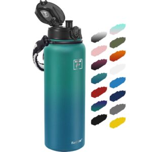 fanhaw 40 oz insulated stainless steel water bottle with chug lid - leak & sweat proof with anti-dust lid (green blue)