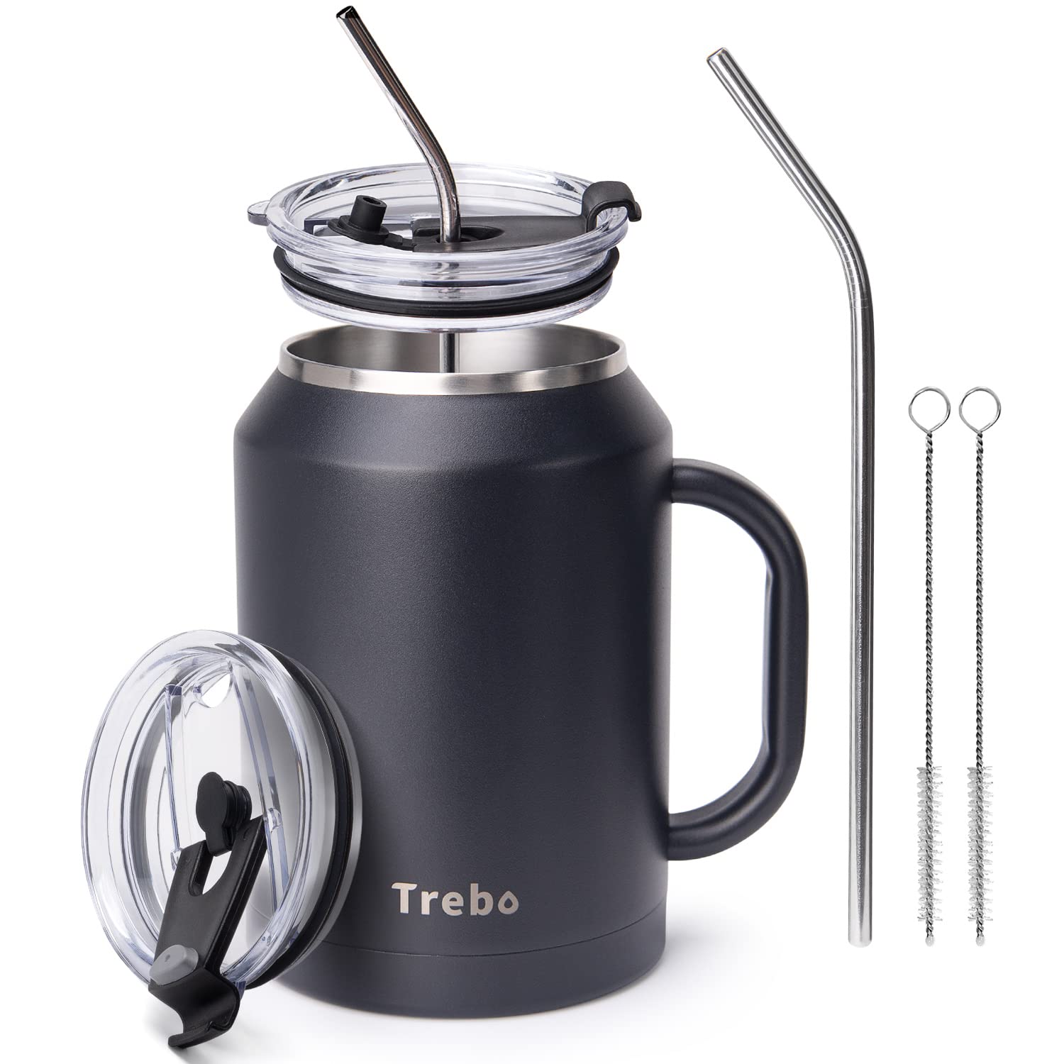 Trebo 50 oz Stainless Steel Mug Tumbler with Handle, Vacuum Insulated Large Iced Coffee Cup with Lids and Straws,Reusable Water Bottle Trave Flask Jug Keeps Drinks Cold up to 36 Hrs,Sweat Proof,Black