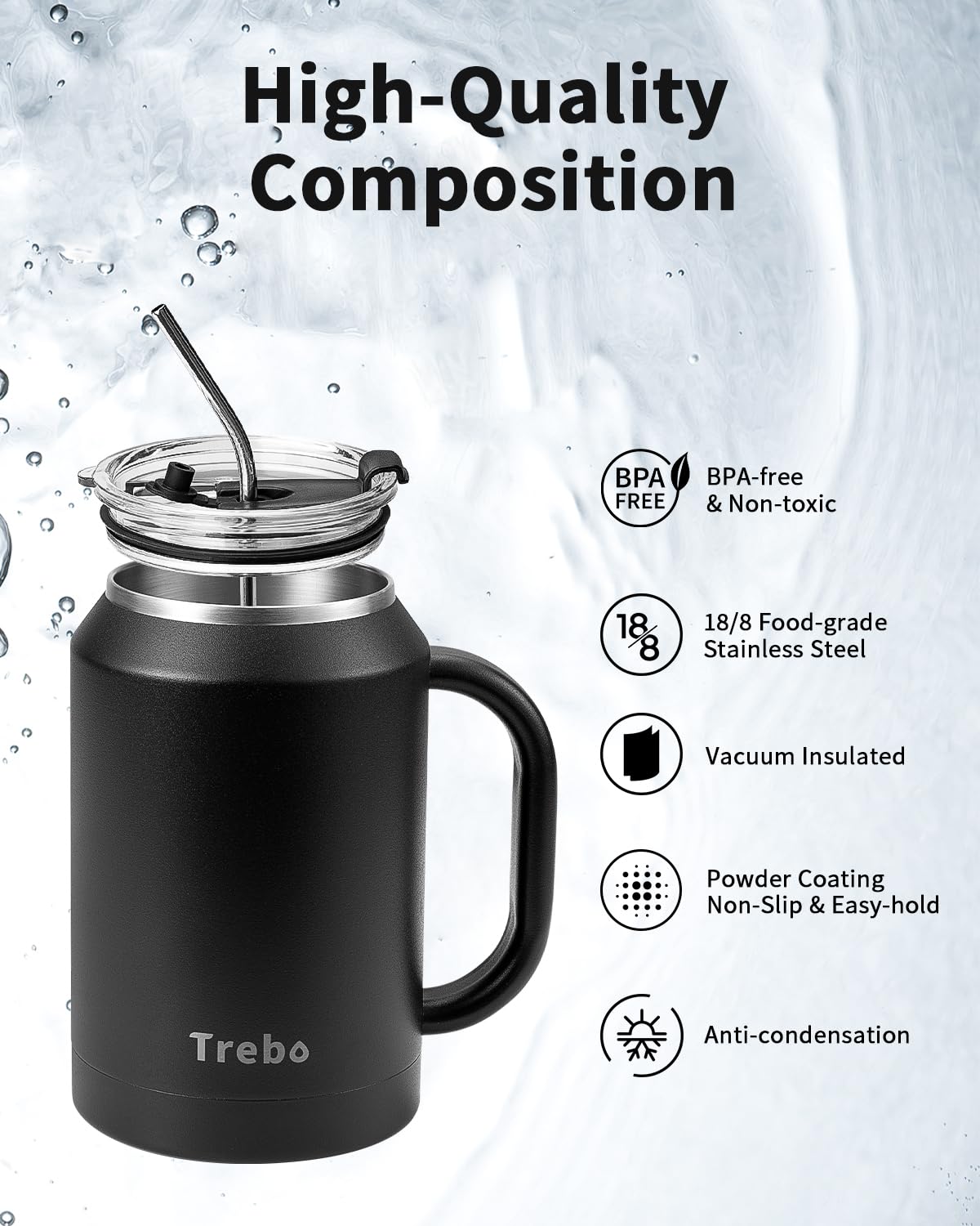 Trebo 50 oz Stainless Steel Mug Tumbler with Handle, Vacuum Insulated Large Iced Coffee Cup with Lids and Straws,Reusable Water Bottle Trave Flask Jug Keeps Drinks Cold up to 36 Hrs,Sweat Proof,Black