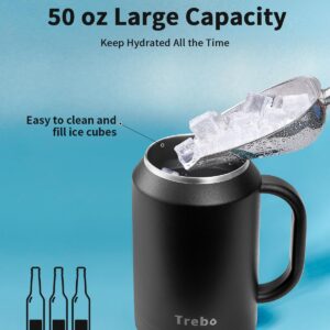 Trebo 50 oz Stainless Steel Mug Tumbler with Handle, Vacuum Insulated Large Iced Coffee Cup with Lids and Straws,Reusable Water Bottle Trave Flask Jug Keeps Drinks Cold up to 36 Hrs,Sweat Proof,Black