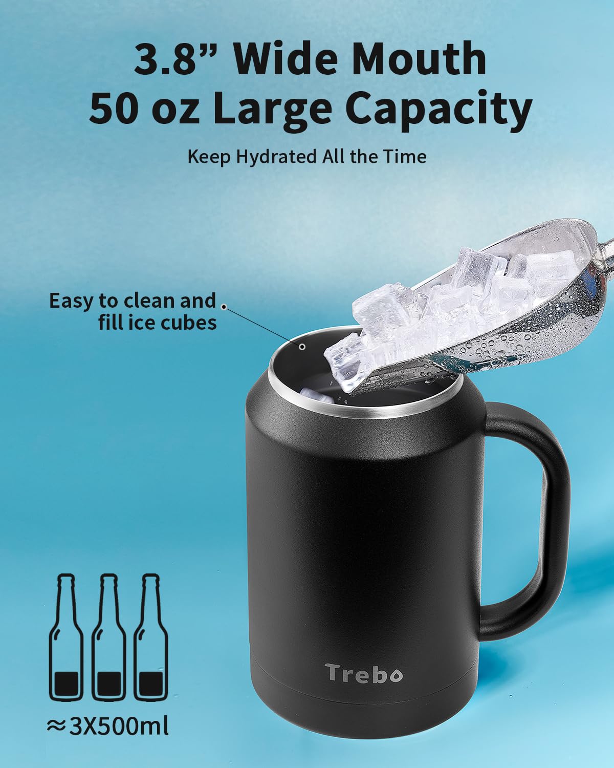 Trebo 50 oz Stainless Steel Mug Tumbler with Handle, Vacuum Insulated Large Iced Coffee Cup with Lids and Straws,Reusable Water Bottle Trave Flask Jug Keeps Drinks Cold up to 36 Hrs,Sweat Proof,Black