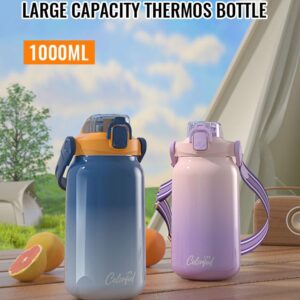 Colorful Insulated Multi-Use Water Bottle Playmaker Sport Jug Handle/Carry Strap & Leak Resistant 32oz BPA Free Straw & Wide Mouth Covered Lid Flask Gym Travel Sports Daily Use School