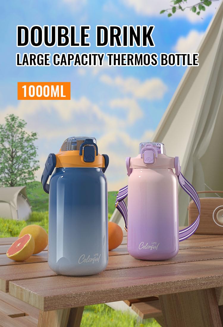 Colorful Insulated Multi-Use Water Bottle Playmaker Sport Jug Handle/Carry Strap & Leak Resistant 32oz BPA Free Straw & Wide Mouth Covered Lid Flask Gym Travel Sports Daily Use School