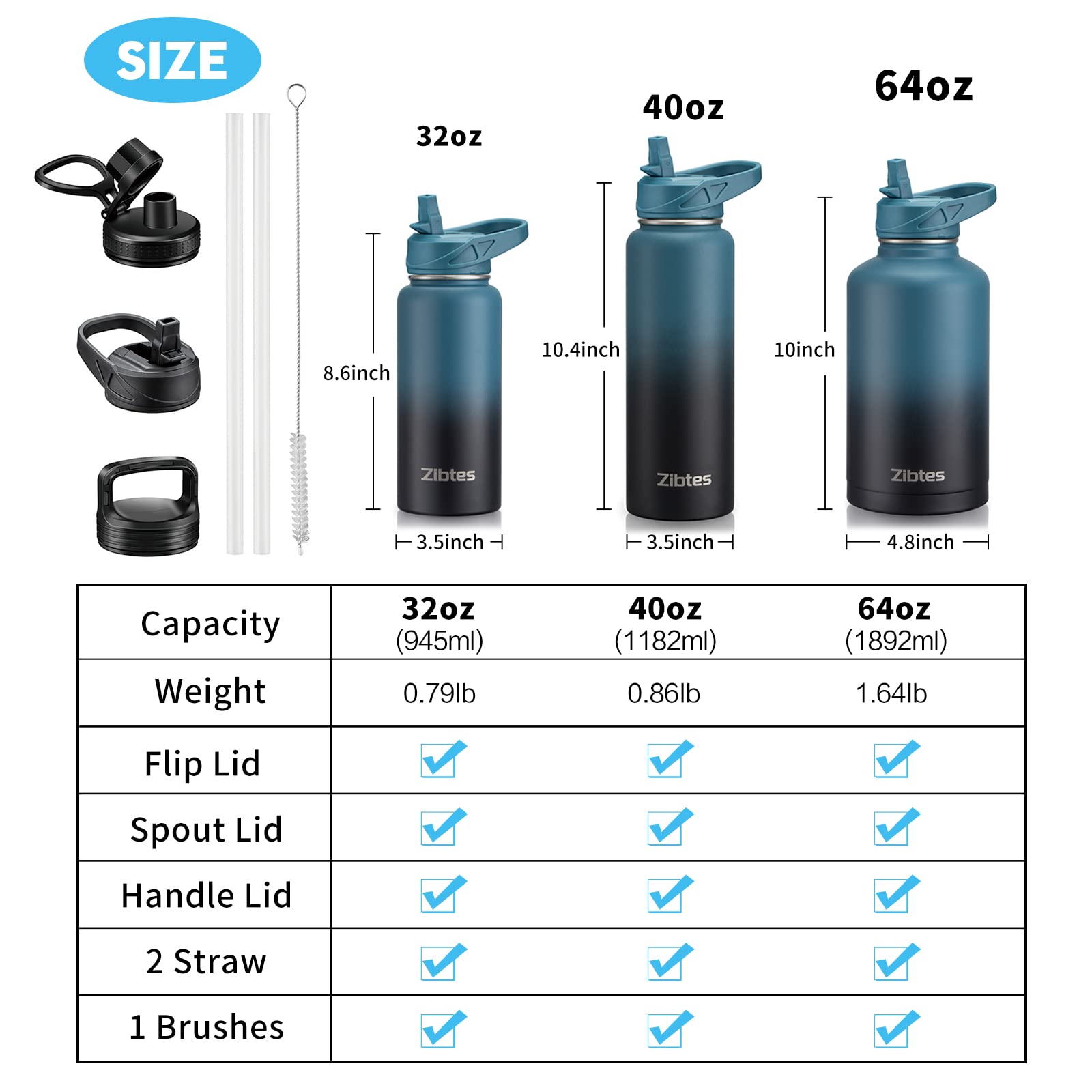 Zibtes 32 oz Insulated Water Bottle With Straw,3 Lids(Flip, Spout and Handle Lid), Stainless Steel Leak Proof Sports Water Flask, Double Walled Vacuum Metal Water Bottle (Starry Sky)