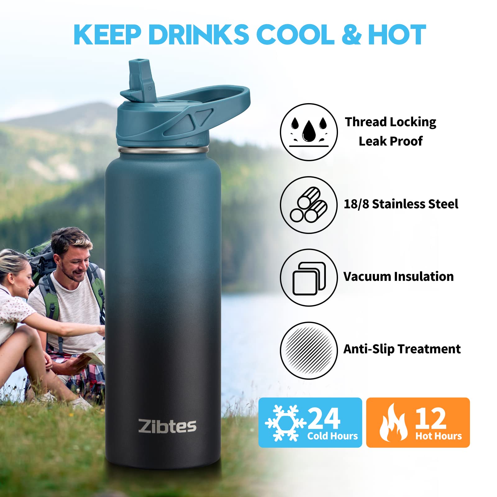 Zibtes 32 oz Insulated Water Bottle With Straw,3 Lids(Flip, Spout and Handle Lid), Stainless Steel Leak Proof Sports Water Flask, Double Walled Vacuum Metal Water Bottle (Starry Sky)