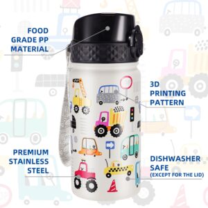 Fanhaw 14 Oz Kids Insulated Stainless Steel Water Bottle with Straw Lid - Leak & Sweat Proof with Anti-Dust Lid (White - Heavy Traffic)