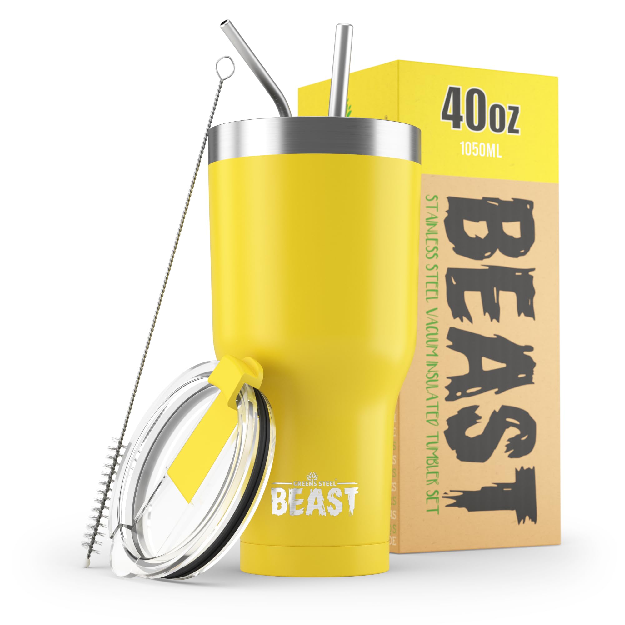 Beast 40 oz Tumbler Stainless Steel Vacuum Insulated Coffee Ice Cup Double Wall Travel Flask (Lemon)