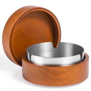 wooden ashtray with lid windproof durable ash tray with stainless steel liner easy to clean cool ashtrays for home, office, hotel, restaurant, indoor or outdoor (red)