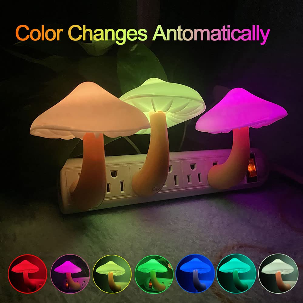 UTLK [3 Pack Plug-in LED Mushroom Night Light Lamp with Dusk to Dawn Sensor,Plug in Bed Cute Nightlight lamp Wall Baby Lights for Kids Children (7-Color)