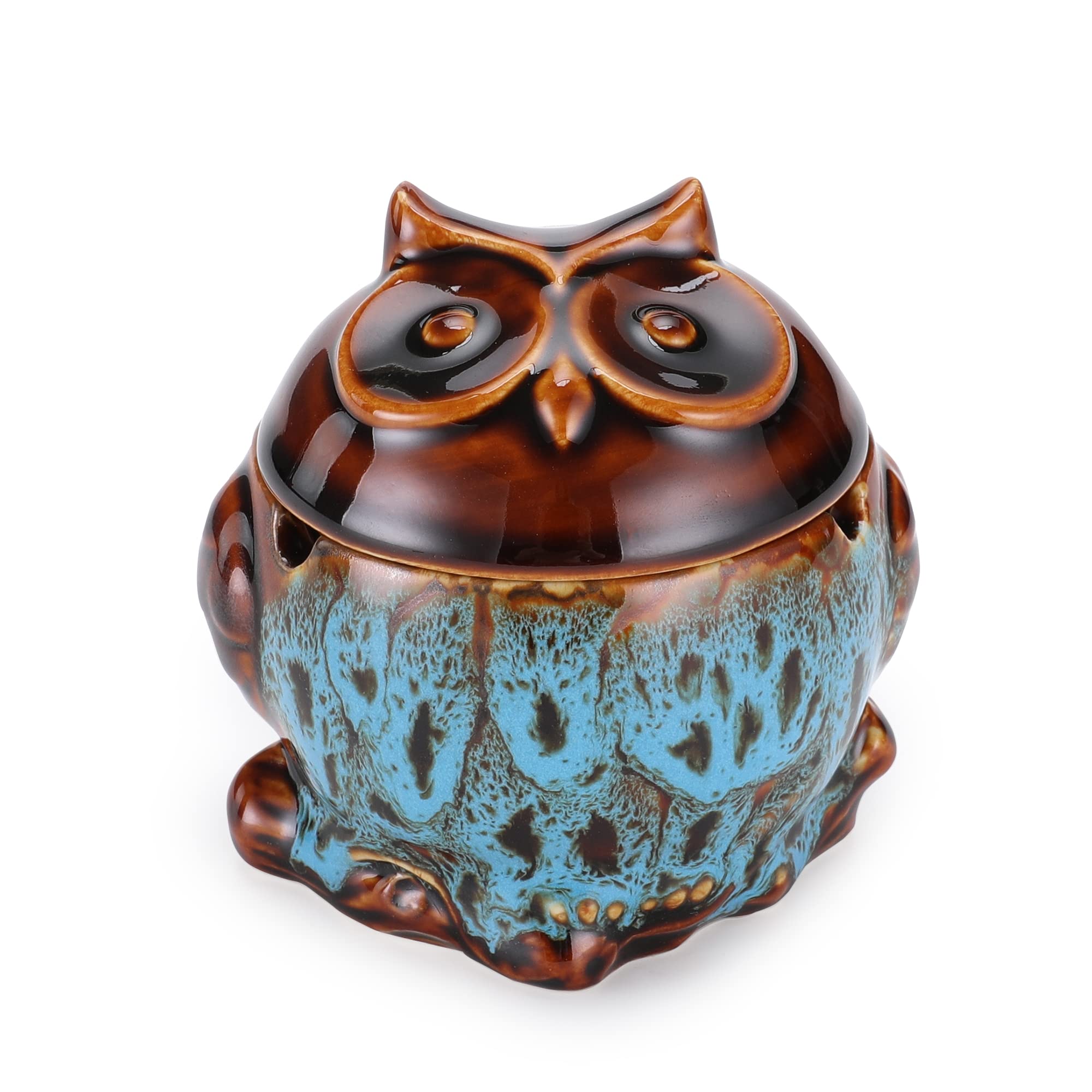 MOOTKA Owl Ashtray, Smellproof Outdoor Ash Tray with Lid, Ashtrays Cigarettes Gifts Ceramic Fairy Garden Animals Ornaments, Women's Day Mother Father Home Decor (Blue)