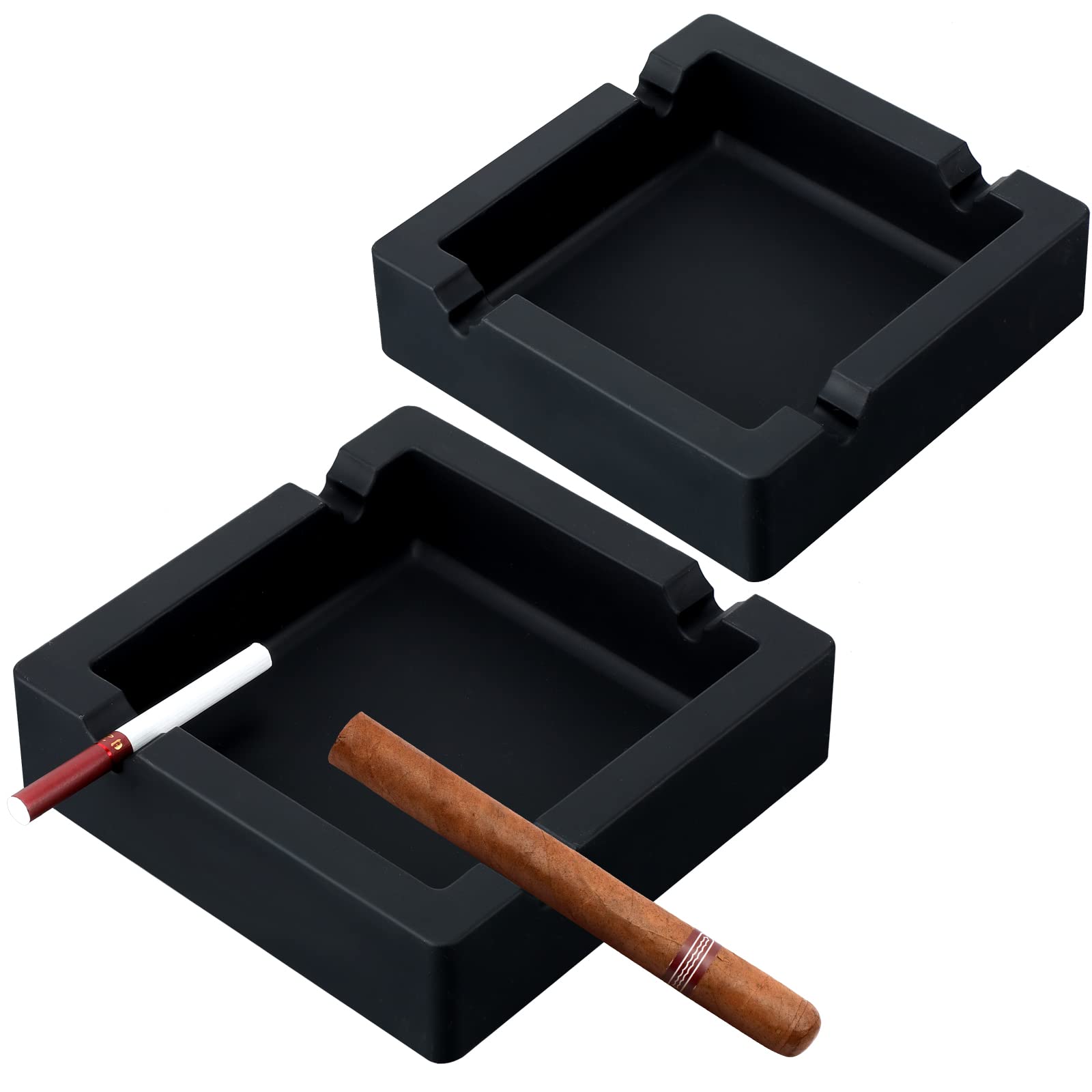 2 Pcs Cigar Outdoor Ashtray Square Ash Tray 6 Inch Silicone Ashtray Men Ashtray Deep Cool Ashtrays with 4 Dual Use Rest for Christmas Gift Patio Outside Indoor Home Decor (Black)