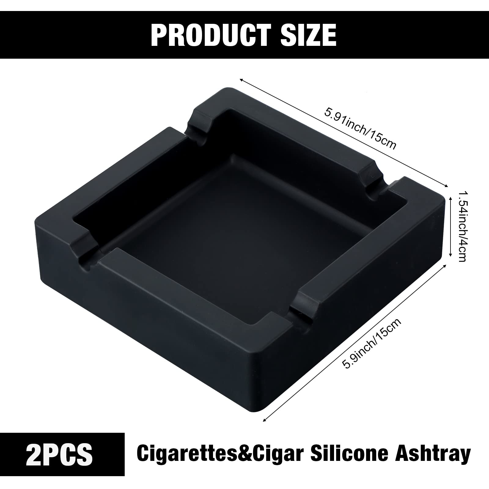 2 Pcs Cigar Outdoor Ashtray Square Ash Tray 6 Inch Silicone Ashtray Men Ashtray Deep Cool Ashtrays with 4 Dual Use Rest for Christmas Gift Patio Outside Indoor Home Decor (Black)