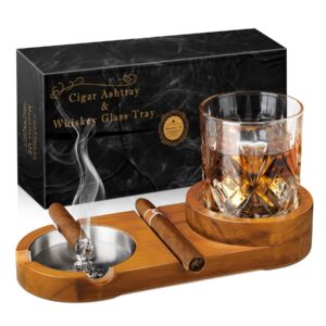 monsiter cigar ashtrays, whiskey glass tray and cigar holder for indoor outdoor, wooden ash tray detachable ashtray for cigarettes, cigar accessories decor for home office cigar gifts for men, father