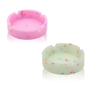 luminous silicone ashtray, premium rubber high heat resistant tray for cigarettes, glow in the dark, durable round ashtray for patio, office, and outdoor/indoor use (pink+white)