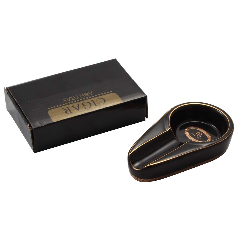 G Galiner Cigar Ashtray, Travel Ceramic Ashtray for Cigars, Outdoor Cigar Ash Tray Accessoires(Black With Golden line)