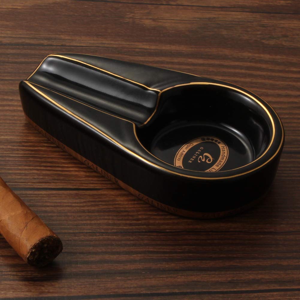 G Galiner Cigar Ashtray, Travel Ceramic Ashtray for Cigars, Outdoor Cigar Ash Tray Accessoires(Black With Golden line)