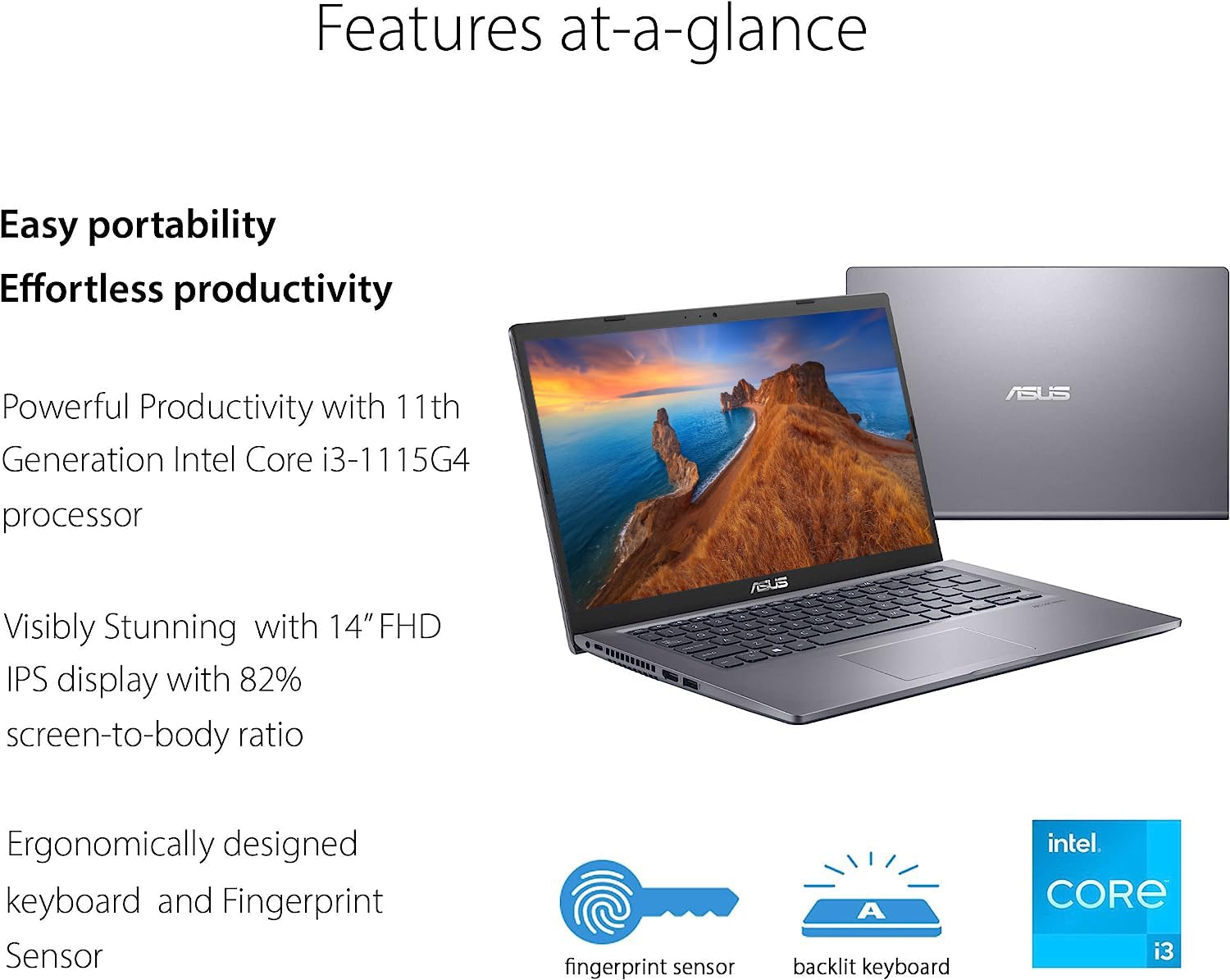 ASUS 14" VivoBook Laptop with Fingerprint Reader & Backlit Keyboard, FHD Display, Intel Core i3-1115G4, 12GB RAM, 512GB SSD, Webcam, HDMI, USB-C, Wi-Fi 5, Windows 11 Home, Grey