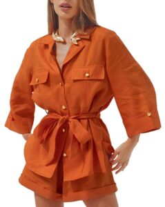 fixmatti womens button down shirt and shorts set v neck half sleeve belted sweatsuits linen outfits orange m