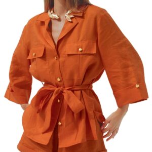 Fixmatti Womens Button Down Shirt and Shorts Set V Neck Half Sleeve Belted Sweatsuits Linen Outfits Orange M