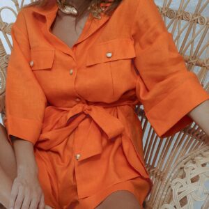 Fixmatti Womens Button Down Shirt and Shorts Set V Neck Half Sleeve Belted Sweatsuits Linen Outfits Orange M