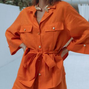 Fixmatti Womens Button Down Shirt and Shorts Set V Neck Half Sleeve Belted Sweatsuits Linen Outfits Orange M