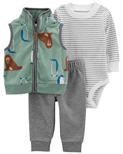 Carter's Baby Boys' 3 Piece Little Vest Set, Penguin/Walrus/Green, 12m