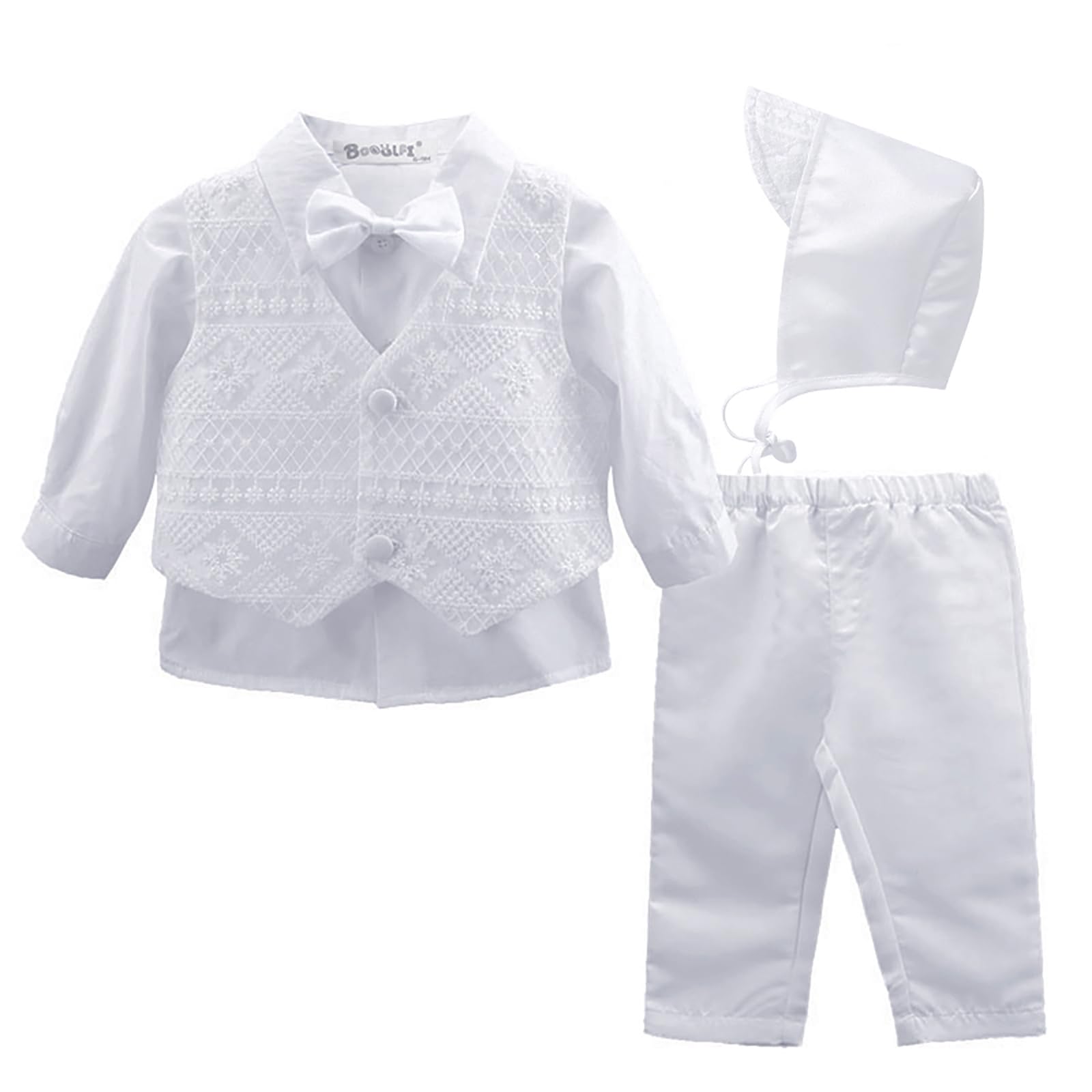 Booulfi Baby Boy Easter Outfit Baptism Christening Outfits for Boys White Tuxedo Suits Photoshoot Dedication Church Blessing Gifts with Shirt Pants Vest Shoes Hat 6-9 M