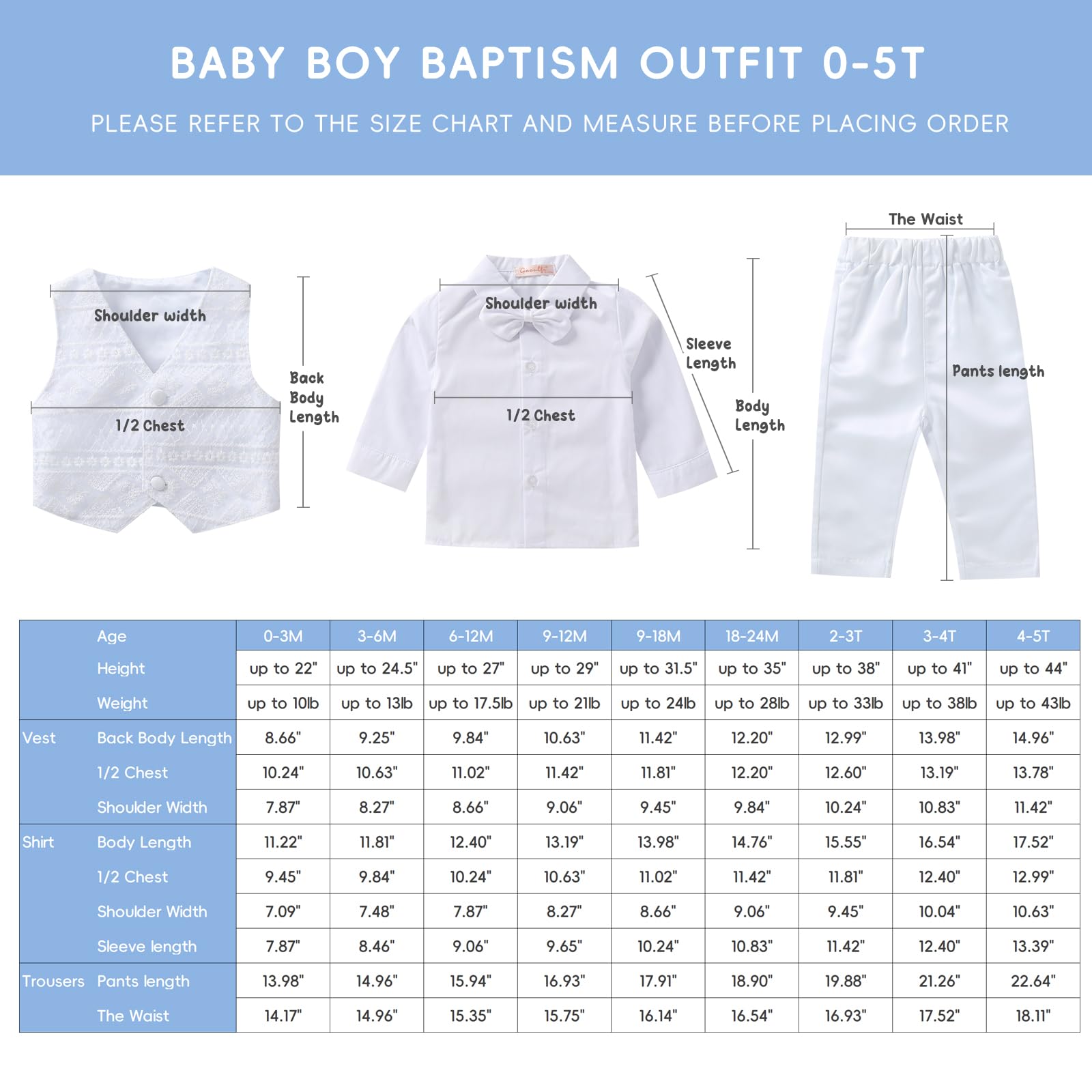 Booulfi Baby Boy Easter Outfit Baptism Christening Outfits for Boys White Tuxedo Suits Photoshoot Dedication Church Blessing Gifts with Shirt Pants Vest Shoes Hat 6-9 M