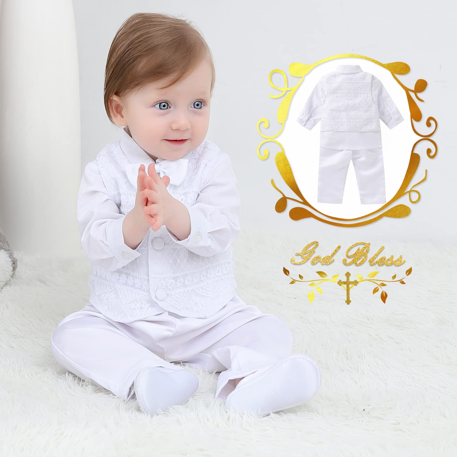 Booulfi Baby Boy Easter Outfit Baptism Christening Outfits for Boys White Tuxedo Suits Photoshoot Dedication Church Blessing Gifts with Shirt Pants Vest Shoes Hat 6-9 M